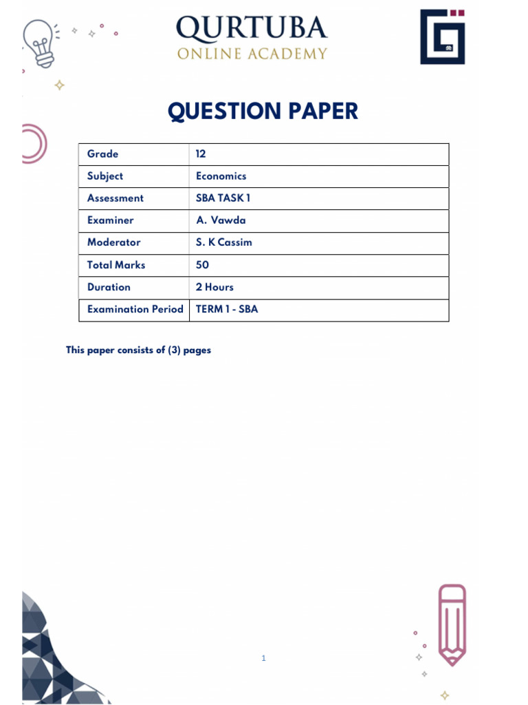 Grade 12 - Economics - SBA Assignment - Task 1 - Term 1 - Updated | PDF ...