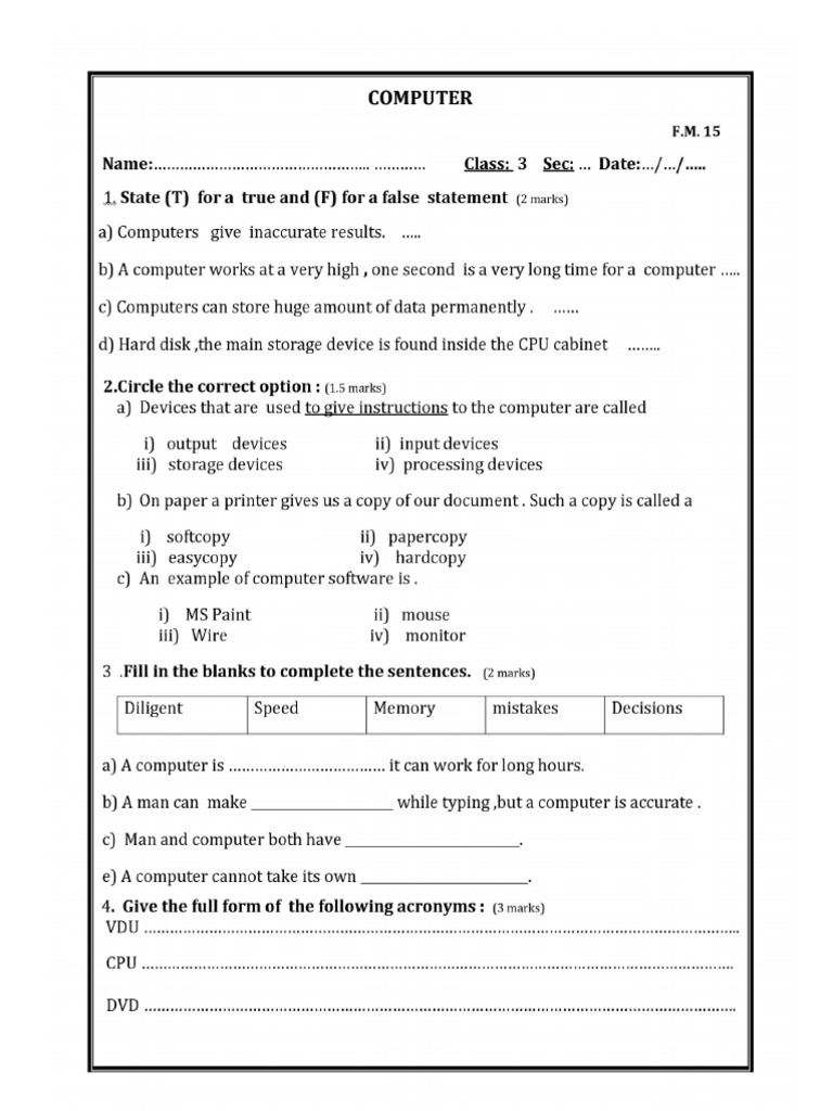Intro To Computers Worksheet | PDF