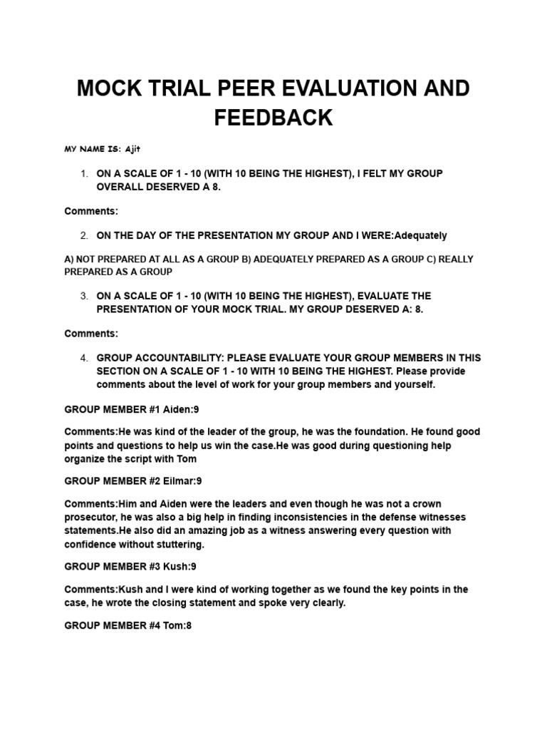 Mock Trial Peer Evaluation Feedback | PDF | Public Law | Judiciaries