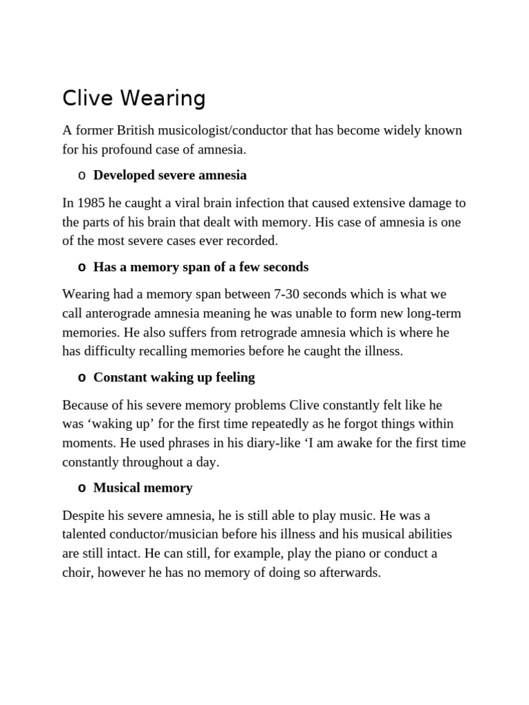 Clive Wearing: A Case of Severe Amnesia | PDF