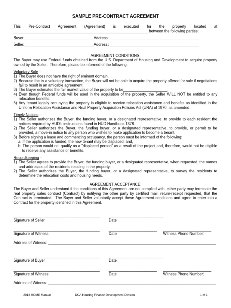 Sample Pre-Contract Agreement: 2018 HOME Manual DCA Housing Finance ...
