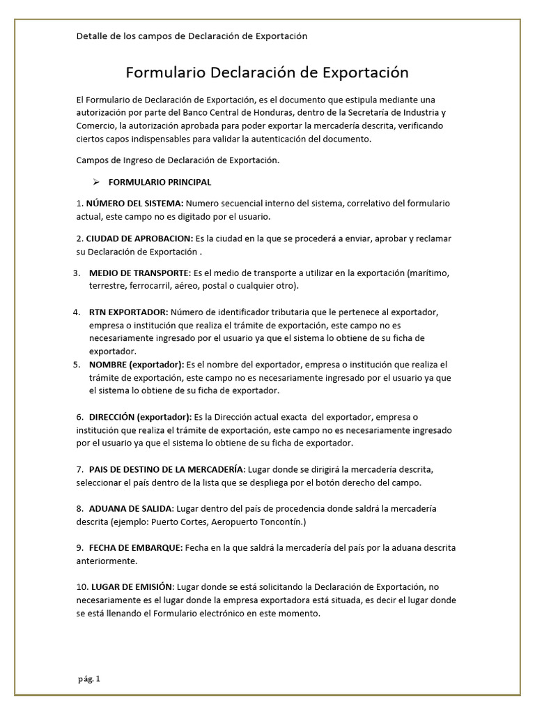 Explicacion de los campos del Formulario de Declaración de Exportación | PDF | Moneda | Bancos