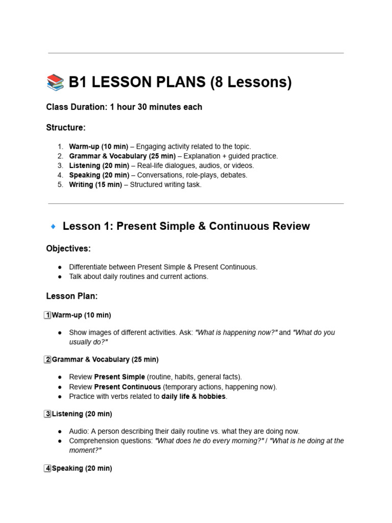? B1 LESSON PLANS (8 Lessons) | PDF | Perfect (Grammar) | Syntax