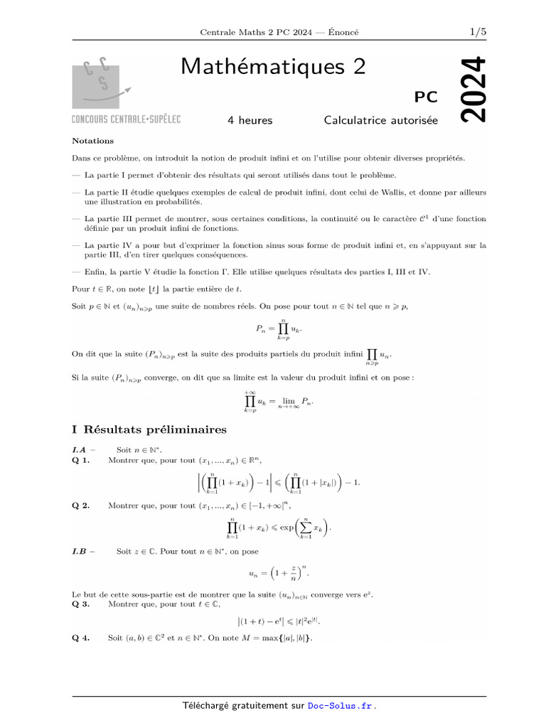 PC Maths Centrale 2 2024.enonce | PDF