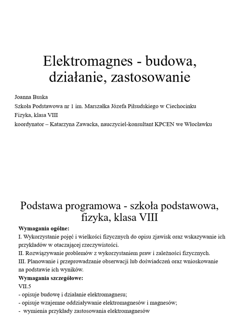 Elektromagnes Budowa Dzialanie Zastosowanie | PDF
