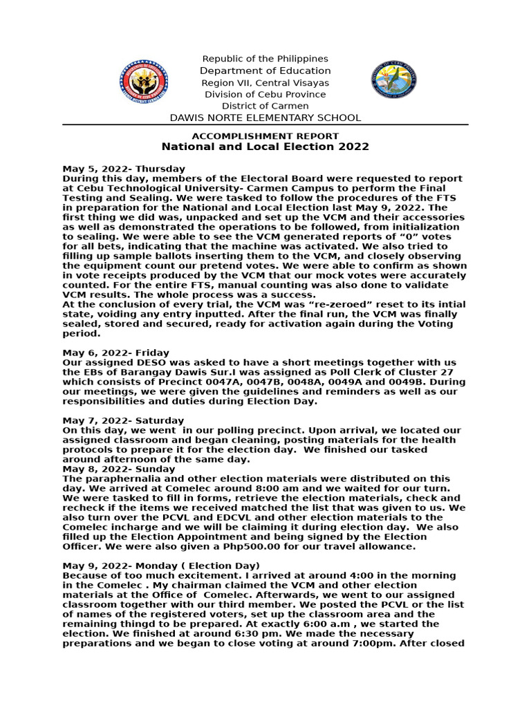 Election Day Accomplishment Report 2022 | PDF | Evaluation Methods ...