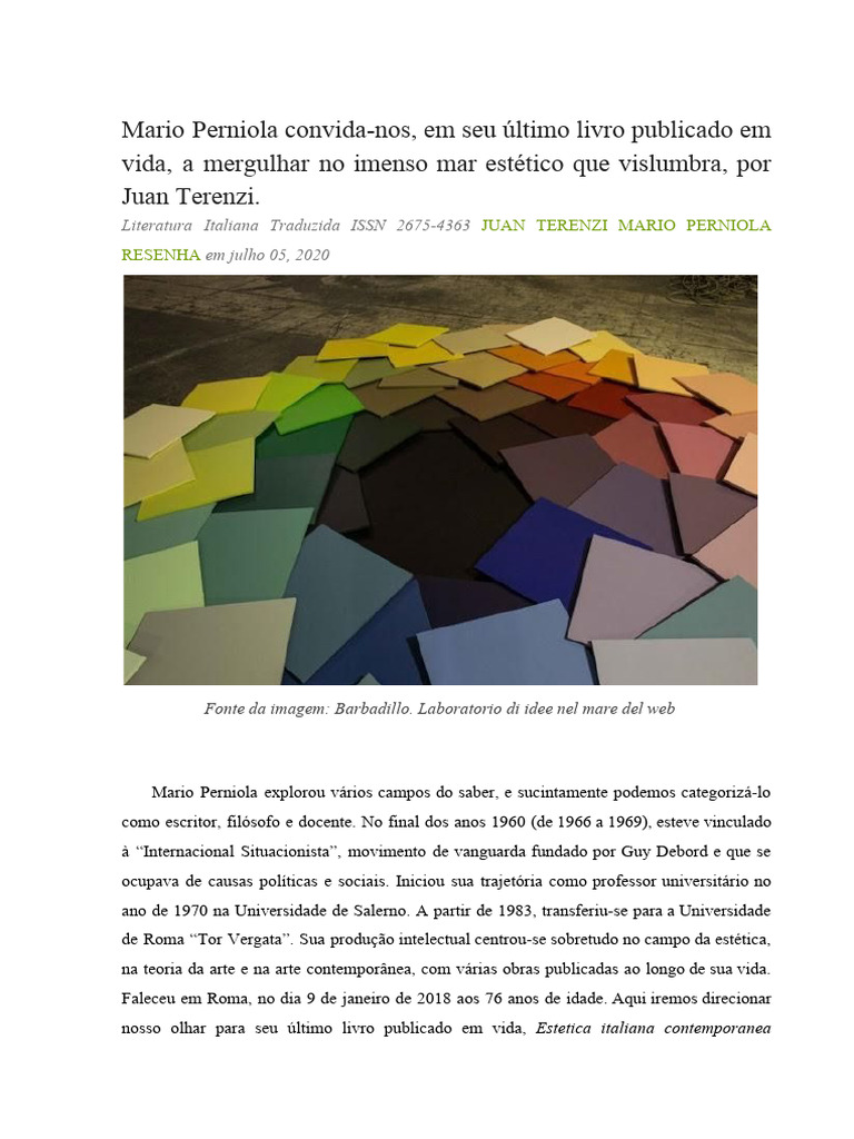 TERENZI, Juan. Mario Perniola Convida-Nos, em Seu Último Livro ...