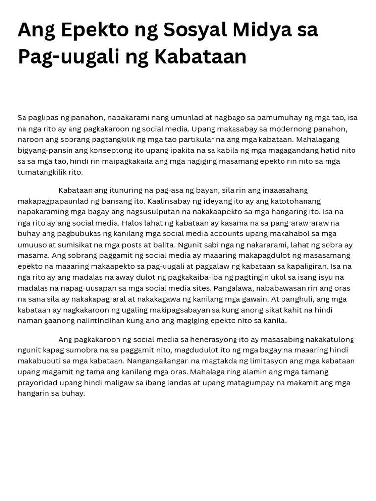 Ang Epekto NG Sosyal Midya Sa Pag Uugali NG Kabataan - 20250304 - 052321 - 0000 | PDF
