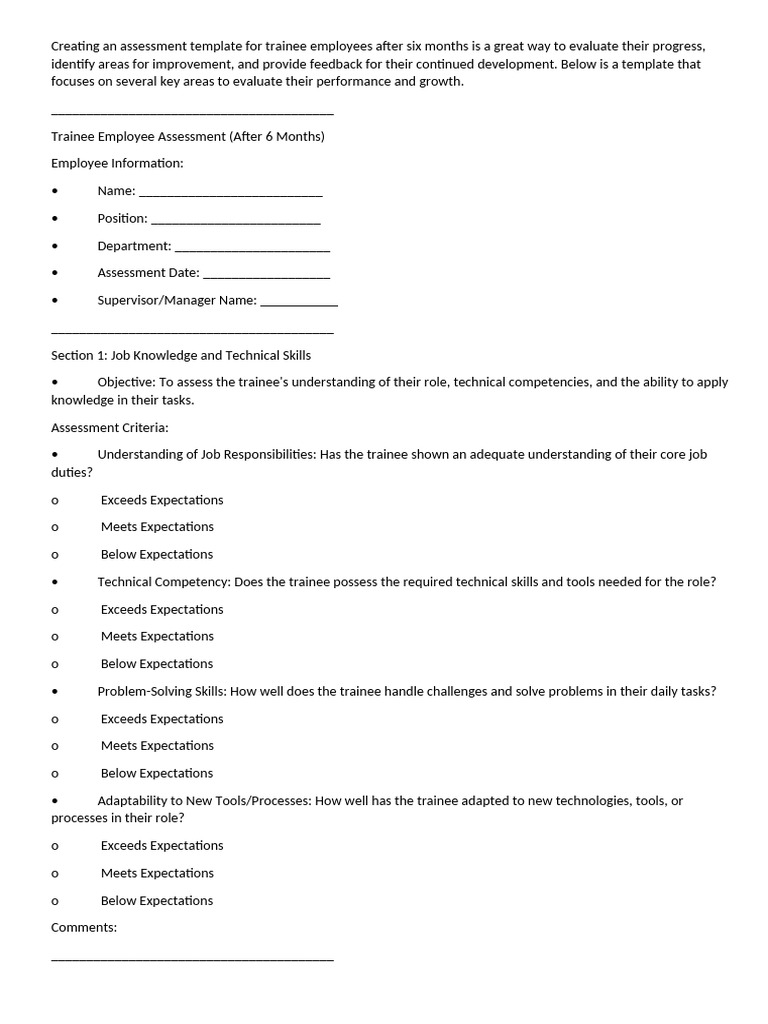 6-Month Trainee Employee Assessment Template | PDF | Educational ...