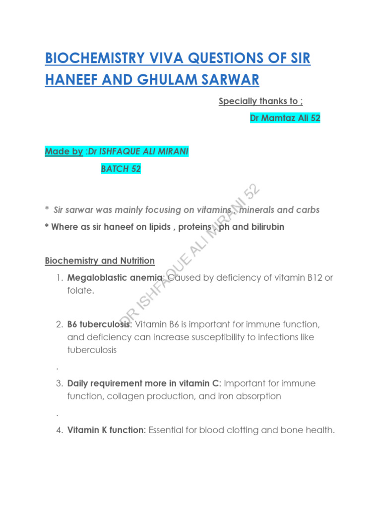 Biochemistry Viva Questions Of Sir HANEEF AND Gh Sarwar made by Dr ISHFAQUE ALI_watermark | PDF ...