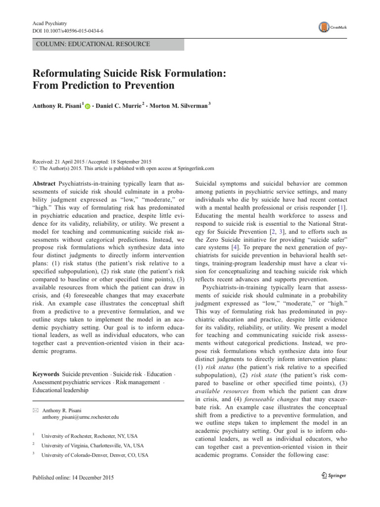 Reformulating Suicide Risk for Prevention | PDF | Psychiatry | Risk
