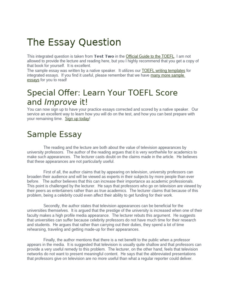 TOEFL Integrated Essay Sample Analysis | PDF | Essays | Lecturer
