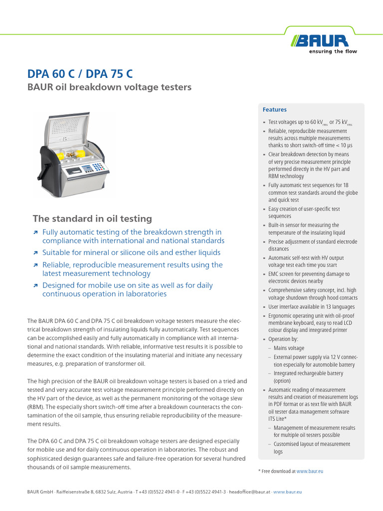DS_Oil breakdown voltage tester_DPA 60 C_DPA 75 C_BAUR_en-gb | PDF ...