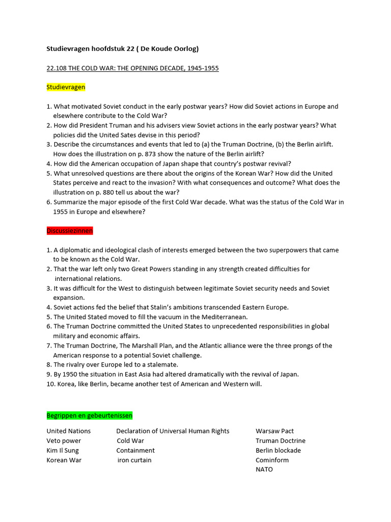 Studievragen Hoofdstuk 22 en 25 | PDF | Cold War | Aftermath Of World ...