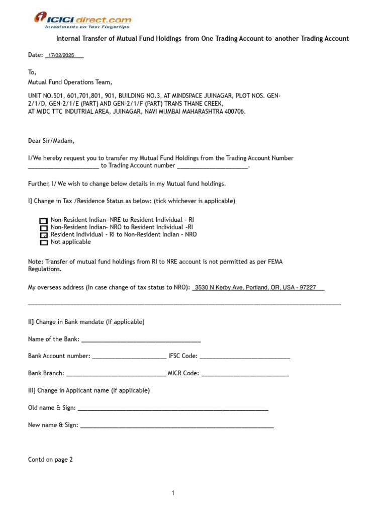 Mutual Fund Transfer Request Form | PDF | Indemnity | Banks