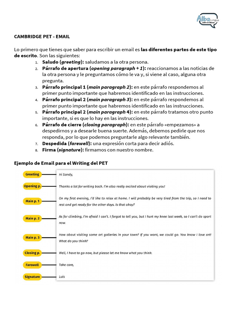 Estructura de Email para Cambridge PET | PDF