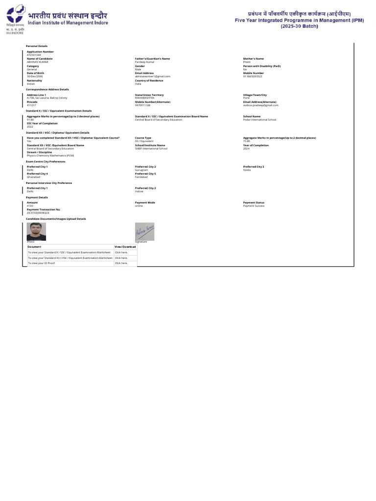 IPM Admission Form 2025 indore | PDF | Educational Stages | Qualifications