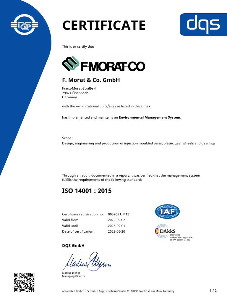 F. Morat Certificate ISO 14001 - 2015 DQS EN | PDF