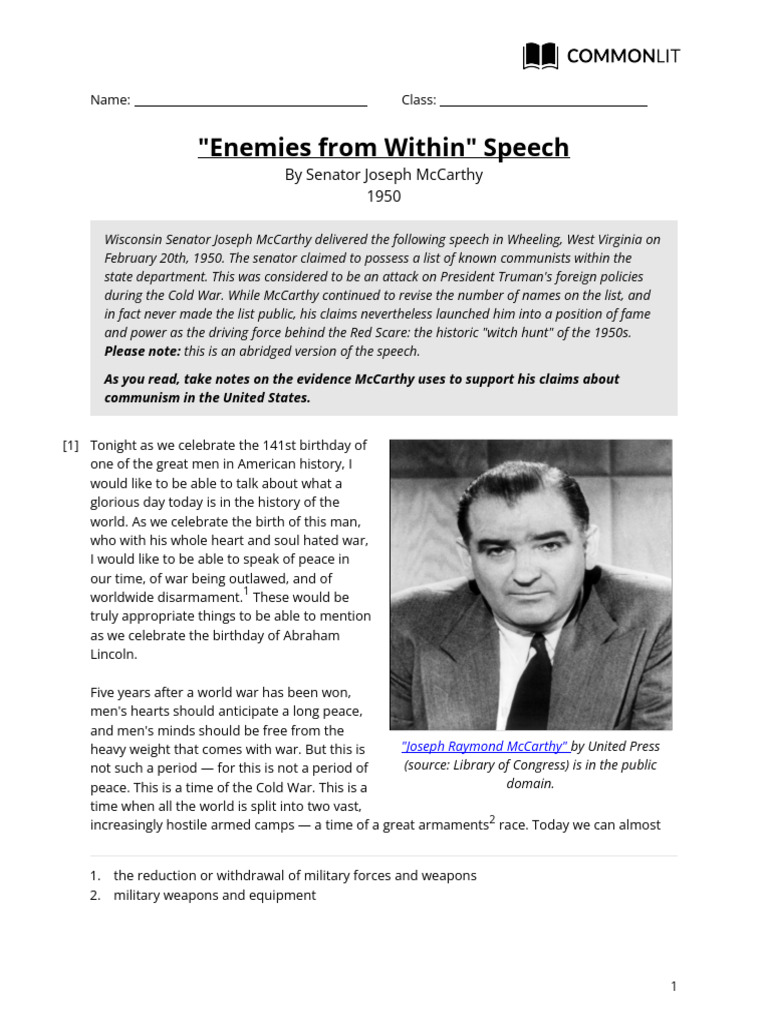 McCarthy's "Enemies from Within" Speech | PDF | Alger Hiss | Mc Carthyism