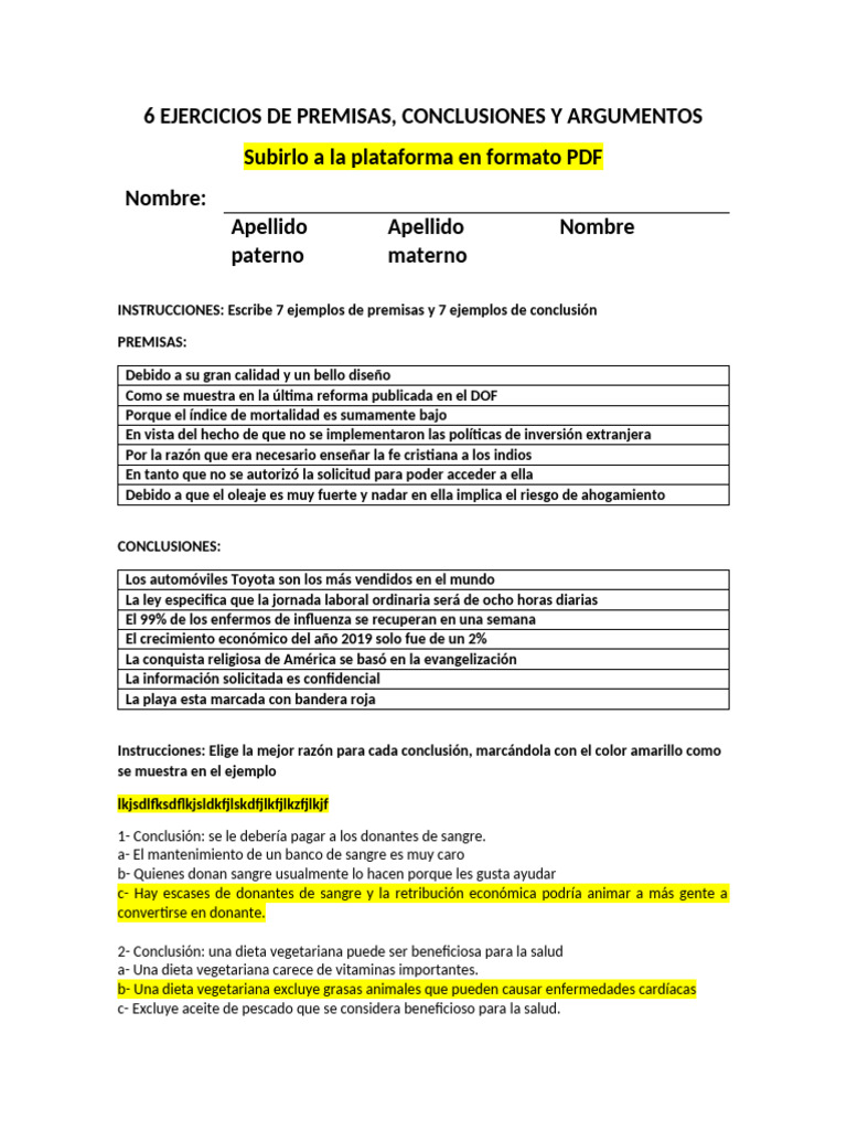 6 Ejercicios de Premisas, Conclusiones y Argumentos | PDF | Dieta ...