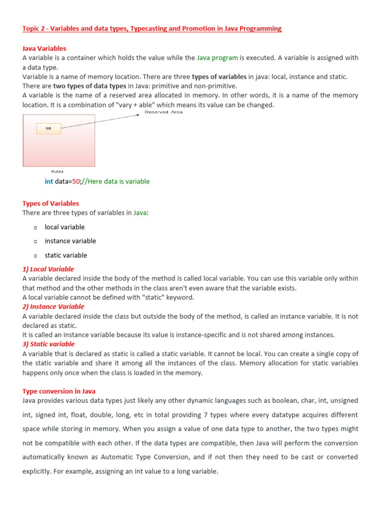 Topic 2 - Variables and Data Types, Typecasting and Promotion in Java Programming | PDF | Data ...