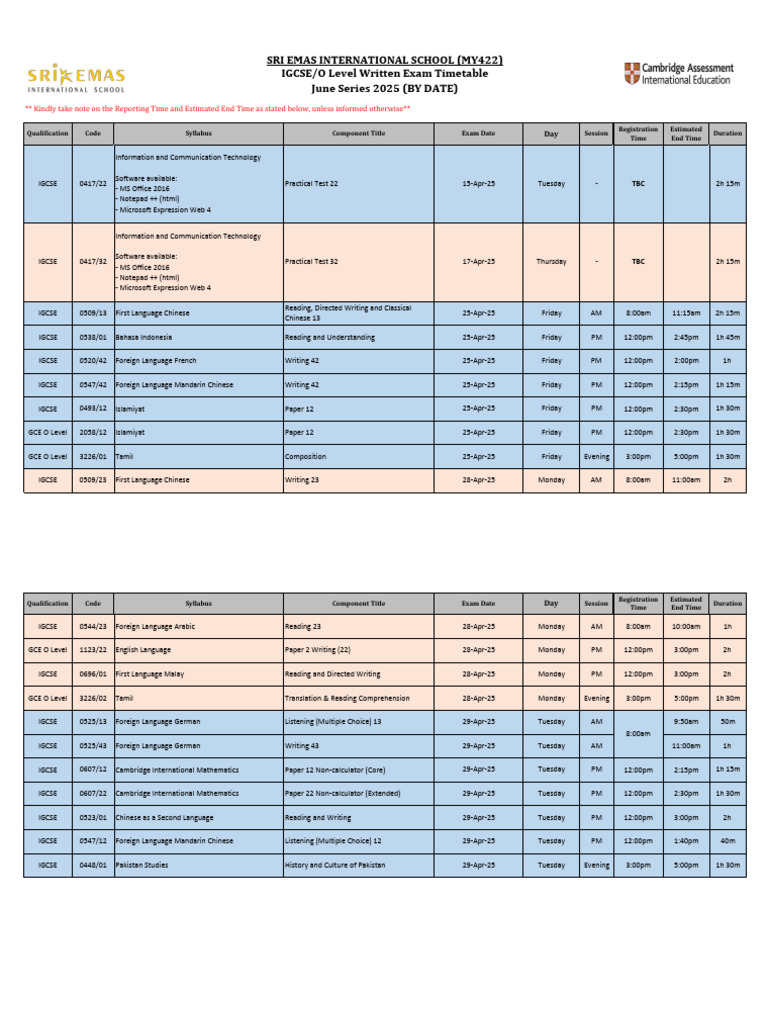 Written Exam Timetable June 2025 IGCSE OLvls by Date 1.0 | PDF ...