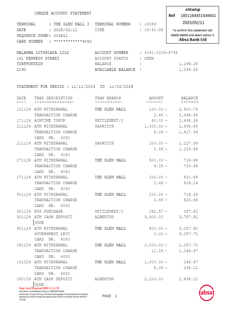 Absa Cheque Account Statement Summary | PDF | Automated Teller Machine | Credit Card