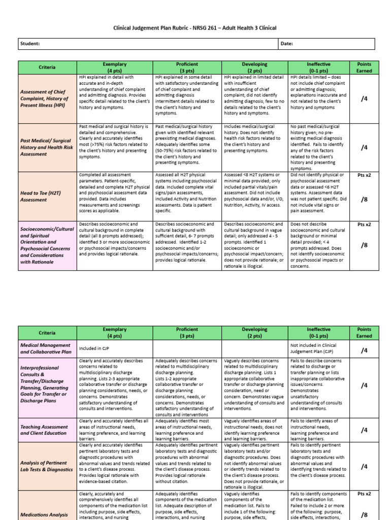 Clinical Judgement Plan Rubric - SP25 | PDF | Medical Diagnosis | Apa Style