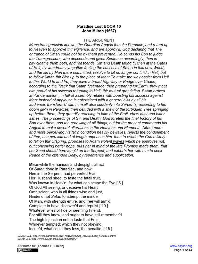 ENGL402 Milton Paradise Lost Book 10 | PDF | Paradise Lost | Serpents ...
