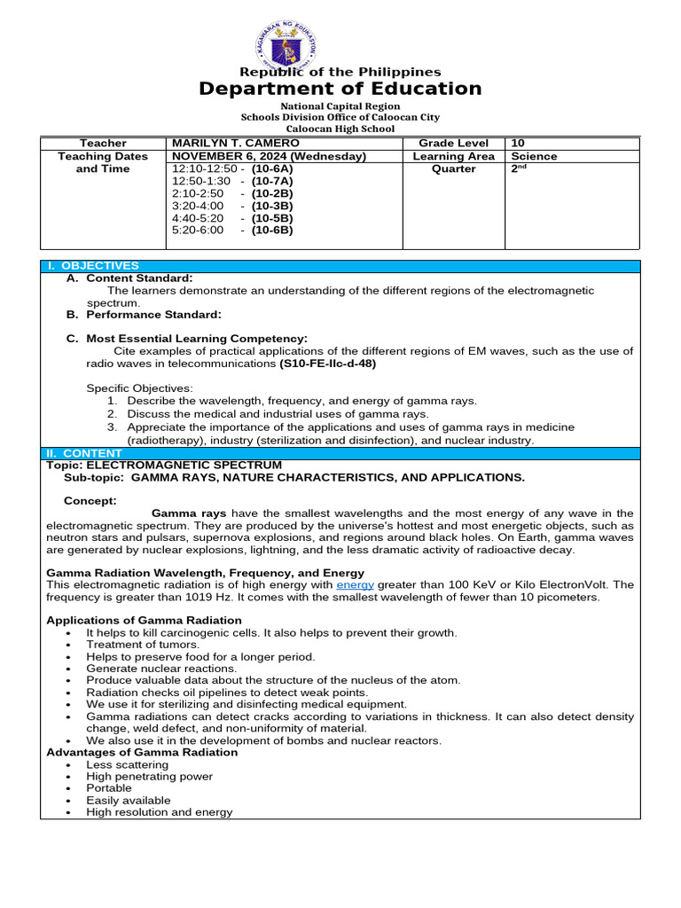 DLP_GAMMA RAY_ (NOVEMBER 6, 2024)MTC | PDF | Gamma Ray | Radiation