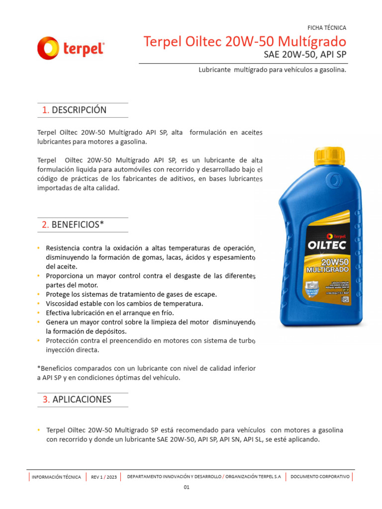 Terpel Oiltec 20W-50 Multígrado SP 2023 | PDF | Lubricante | Ingeniería mecánica