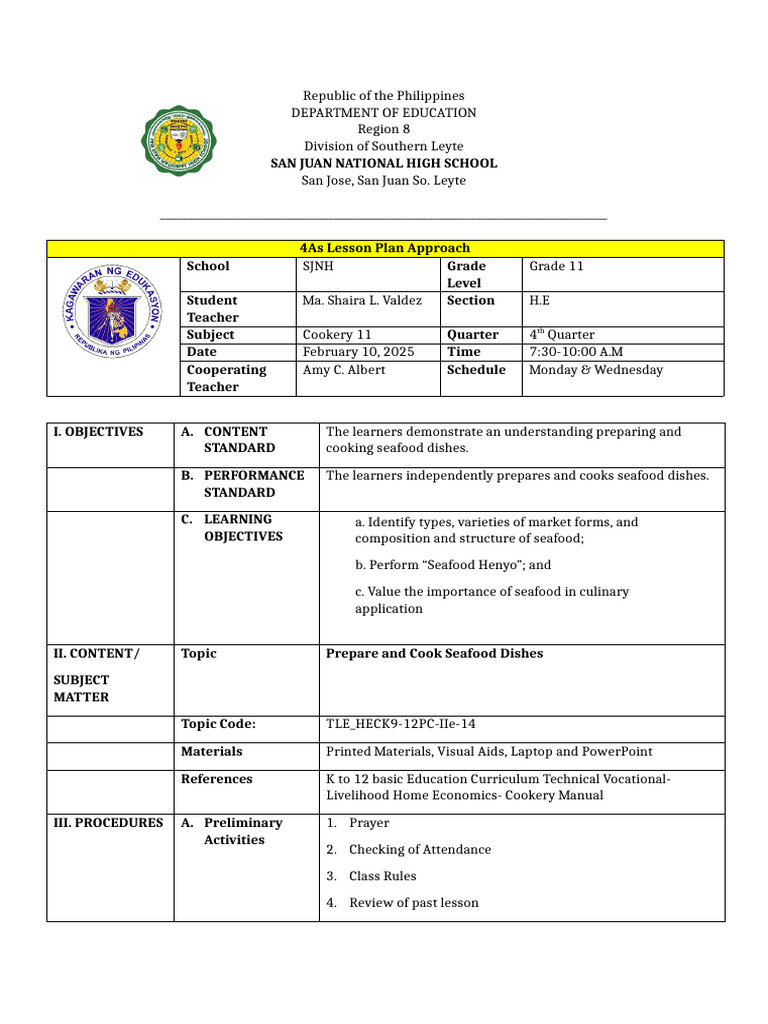Grade 11 Cookery Lesson Plan: Seafood Dishes | PDF | Bivalvia