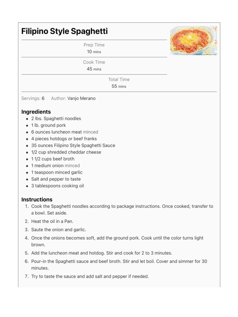 Filipino Style Spaghetti - Panlasang Pinoy | PDF