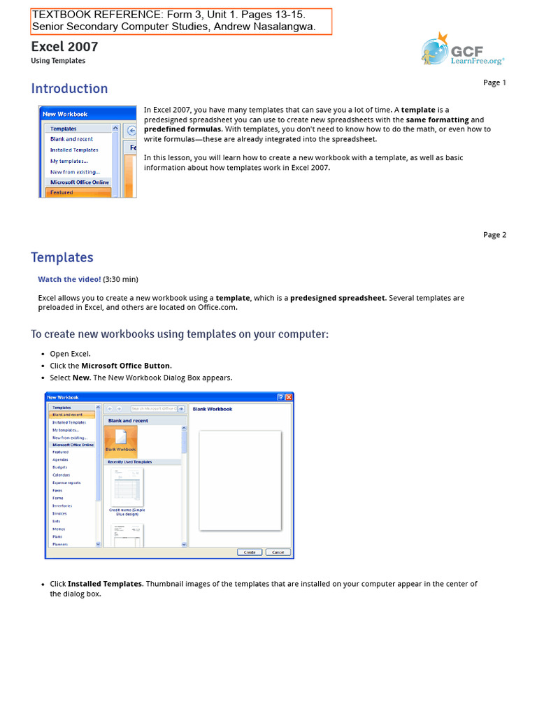 Excel 2007: Using Templates Guide | PDF | Microsoft Excel | Microsoft ...