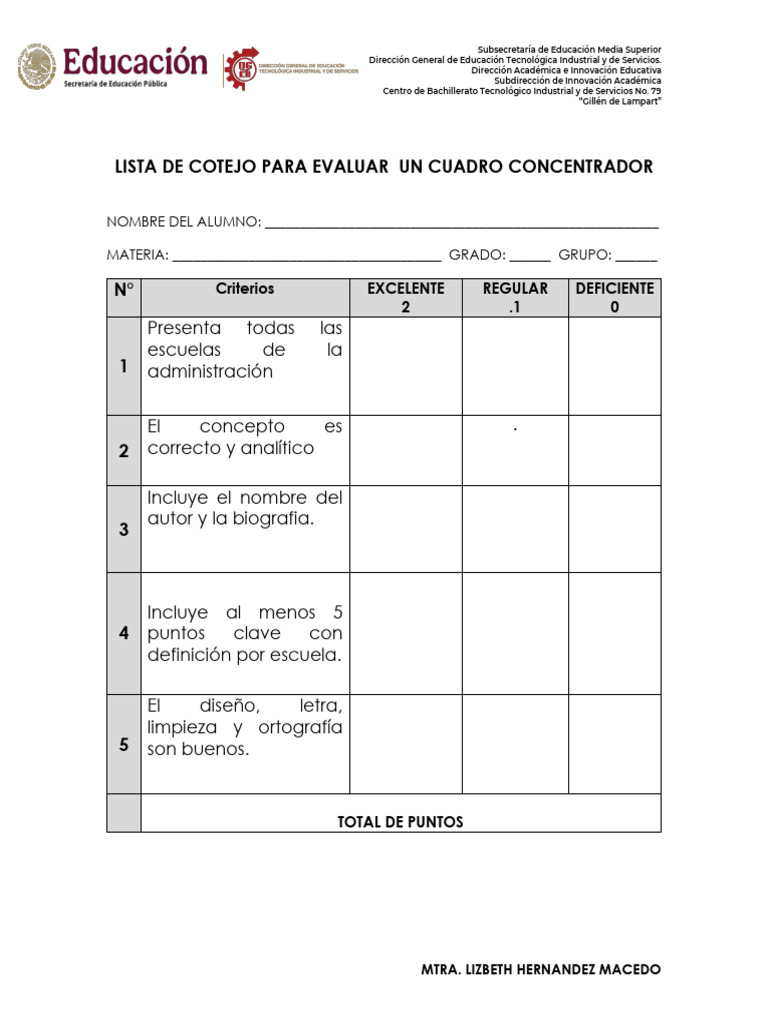 Lista de Cotejo Cuadro Concentrador Escuelas Adm | PDF