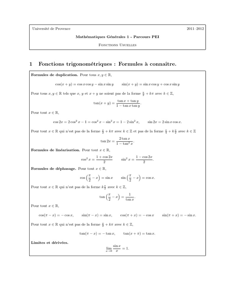 Formules Trigonométriques et Hyperboliques | PDF | Fonction ...
