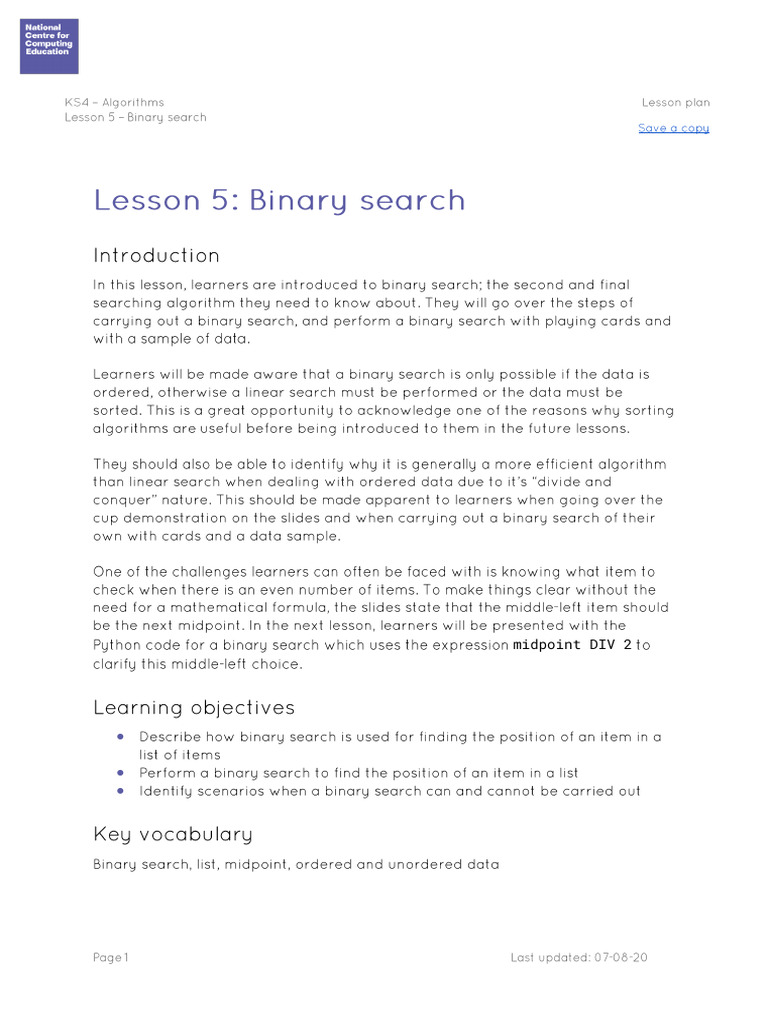 L5 Lesson Plan – Algorithms – KS4 | PDF
