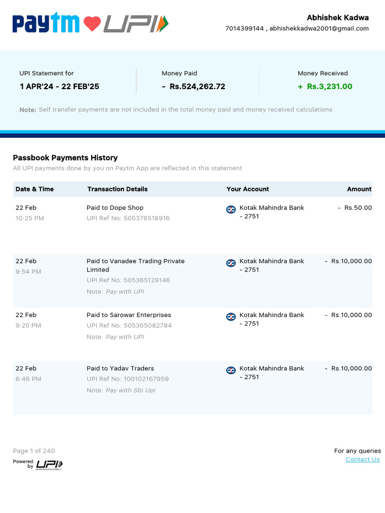 Paytm UPI Statement 01 Apr'24 - 22 Feb'25 | PDF | Payments | Reserve ...
