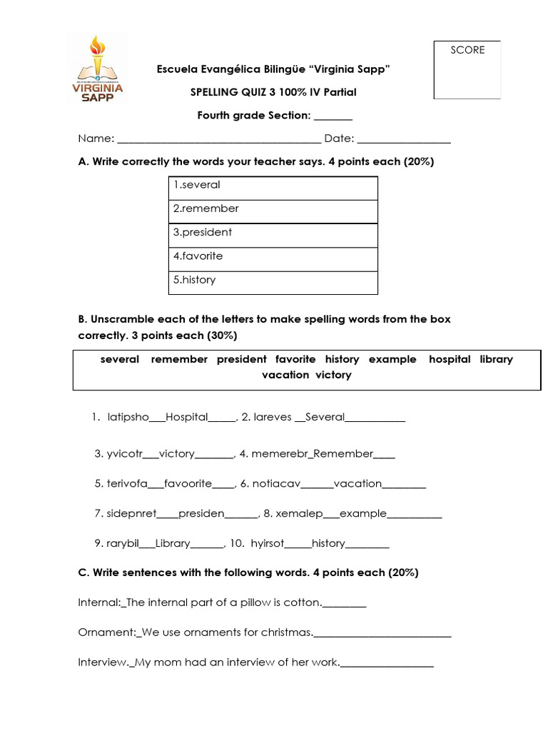 Spelling Quiz 3 (Oct. 26-30) | PDF