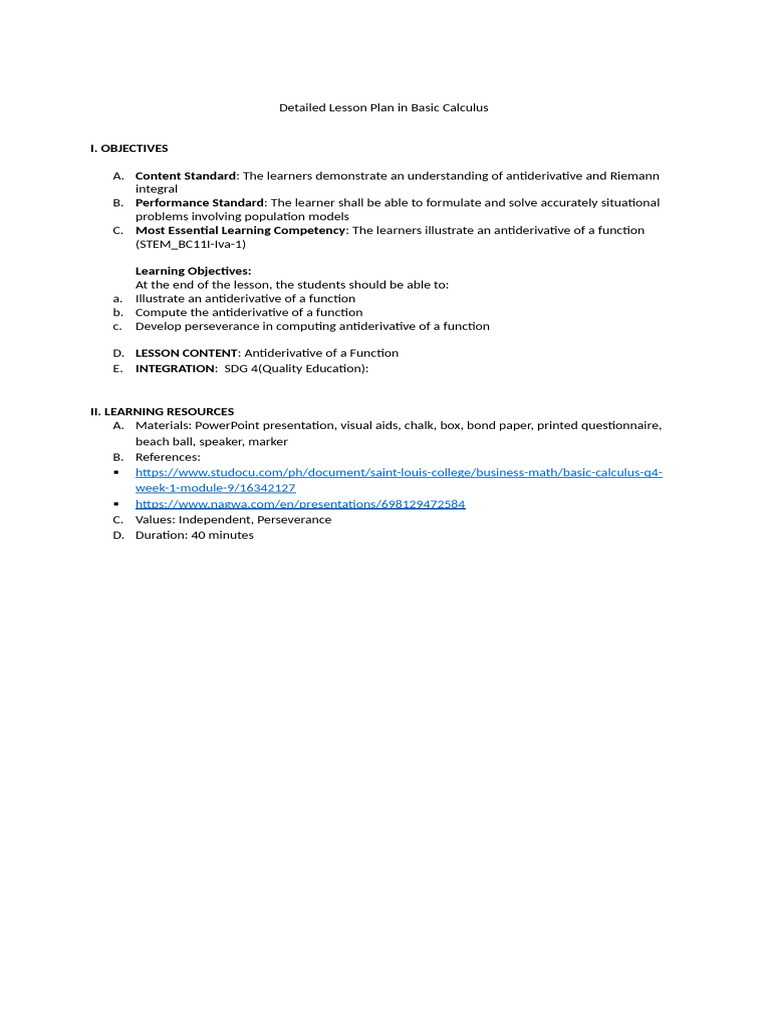 Detailed Lesson Plan in Basic Calculus | PDF | Mathematical Analysis | Calculus