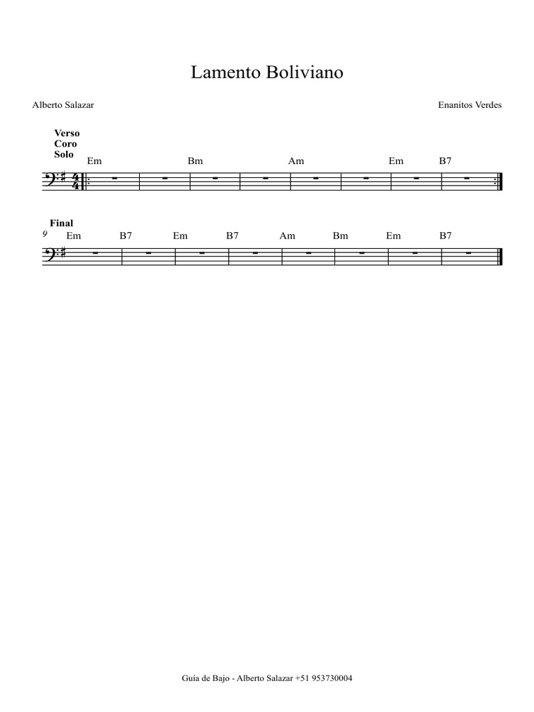 Lamento Boliviano - Te VI en Tren - Muralla Verde - Extraño de Pelo Largo Bass - Partitura ...