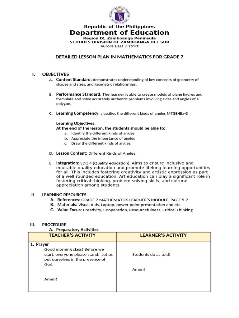Grade 7 Geometry Lesson Plan: Angles | PDF | Angle | Learning