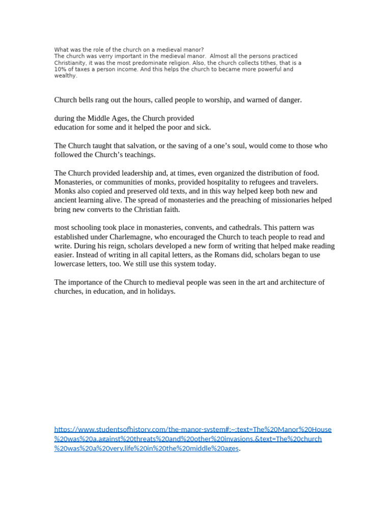 Role of the Church in Medieval Manors | PDF