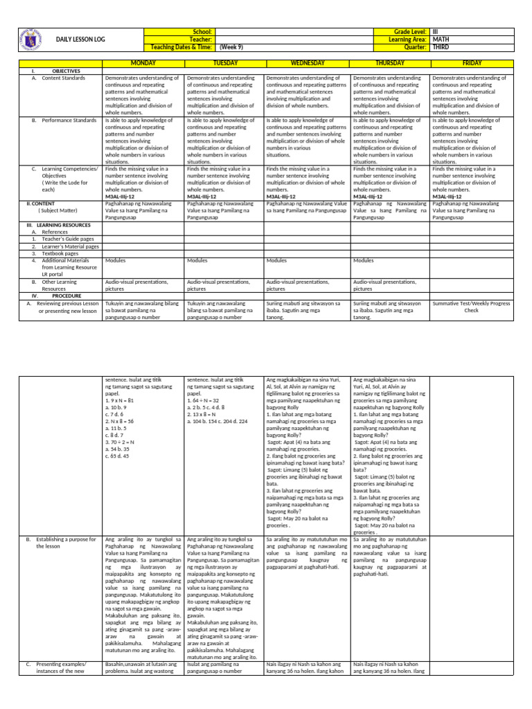 Q3 - Math - DLL - Week 9 | PDF