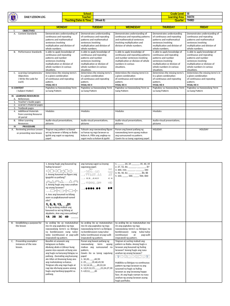Q3 - Math - DLL - Week 8 | PDF