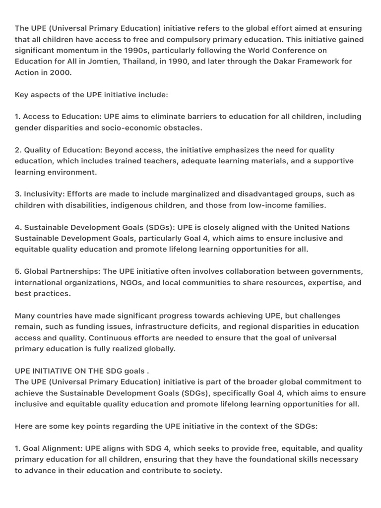 The UPE (Universal Primary Education) Initiative Refers To The Global | PDF