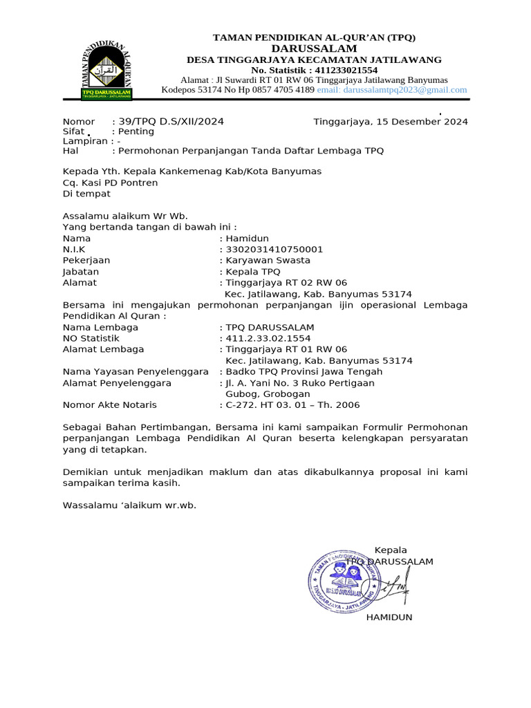 1 - Surat - Permohonan - Tanda - Daftar Perpanjang Ijop TPQ Darussalam | PDF