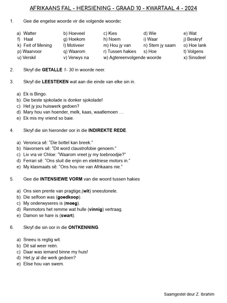 Afrikaans Hersiening Gr10 Kwartaal 4 2024 | PDF