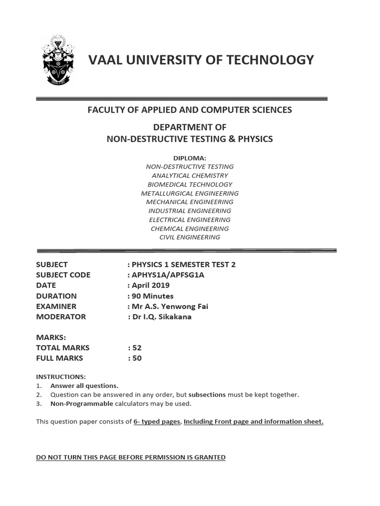 Physics 1 Semester Test 2 2019 | PDF | Kinetic Energy | Collision