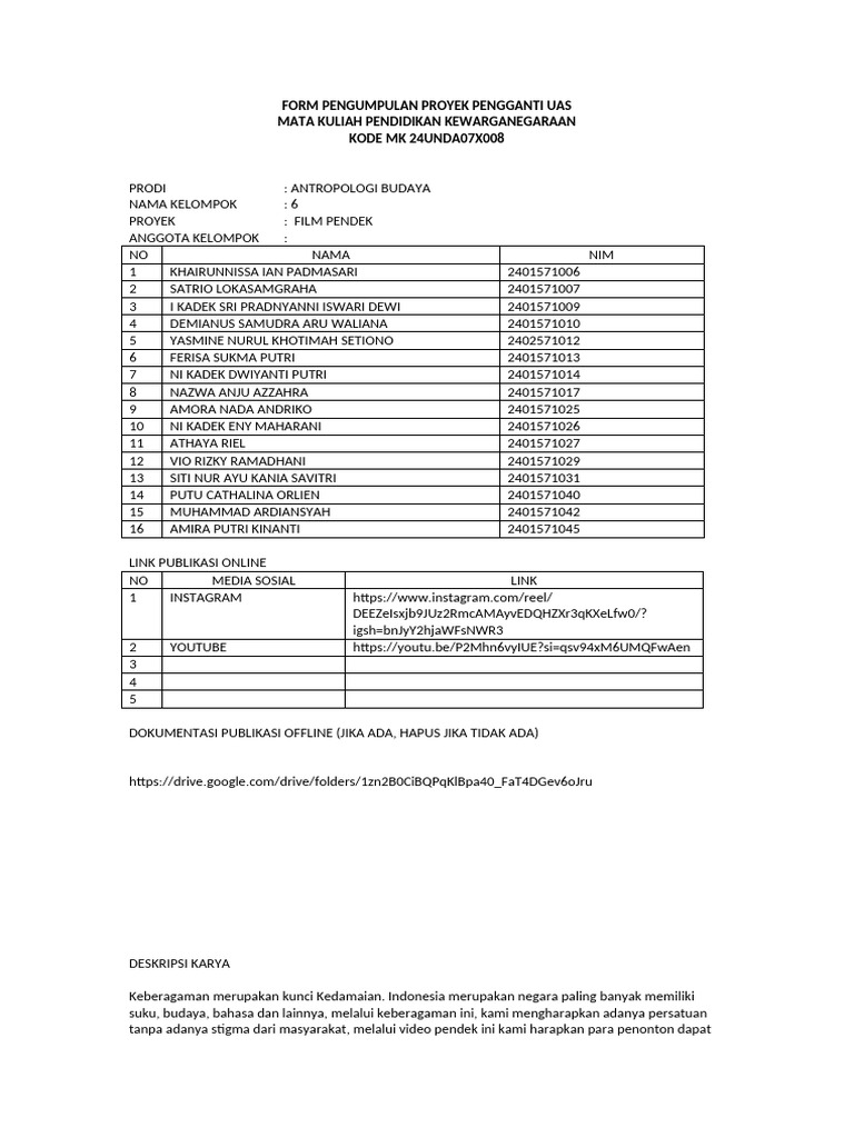 Form Pengumpulan Proyek Pengganti Uas (Film Pendek) | PDF